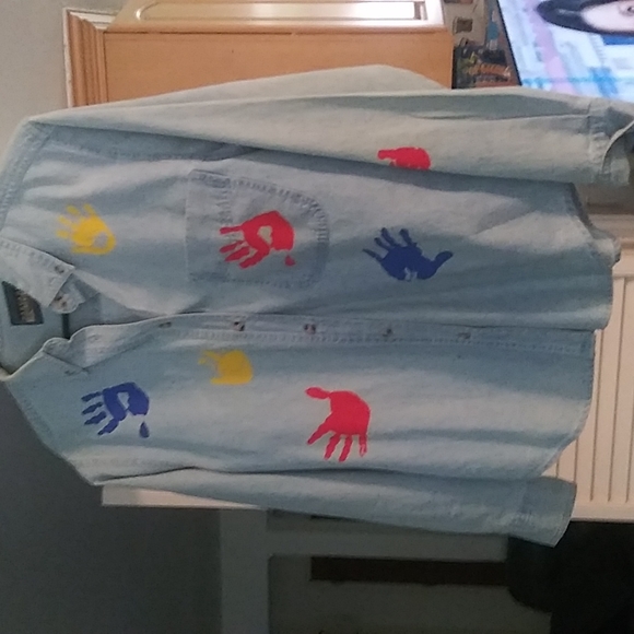 harvard square | Tops | Denim Shirt With Handprints | Poshmark